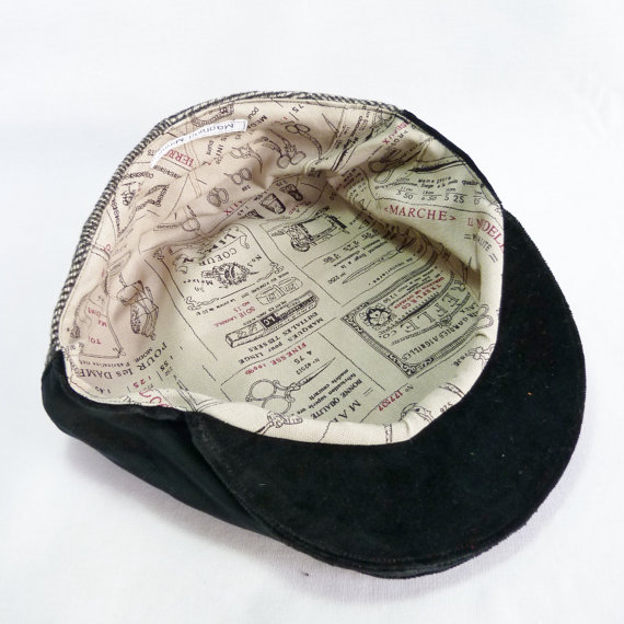 Tweed and Velvet Flat Cap - Black and Grey - Folksy
