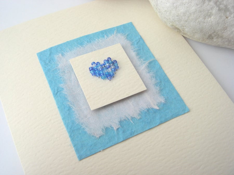 Beaded Heart handmade Card - deep turquoise - Folksy