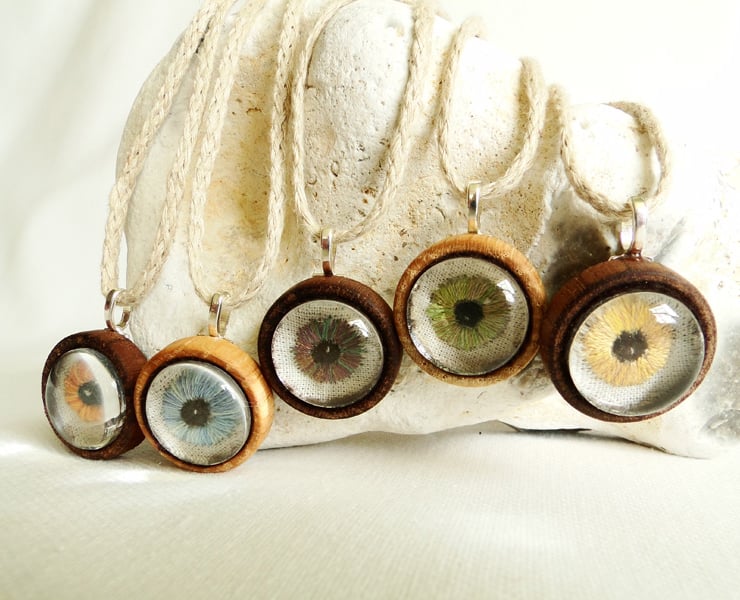 Embroidered Jewellery - Green Eye - Oak Pendan... - Folksy