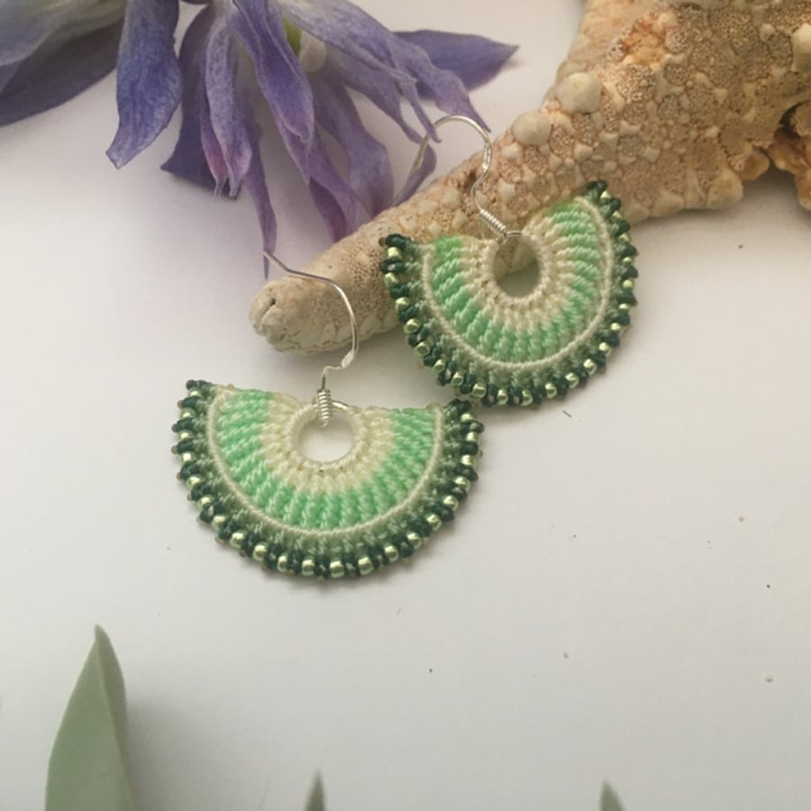 Earrings, micro macrame boho green beaded earrings - Folksy