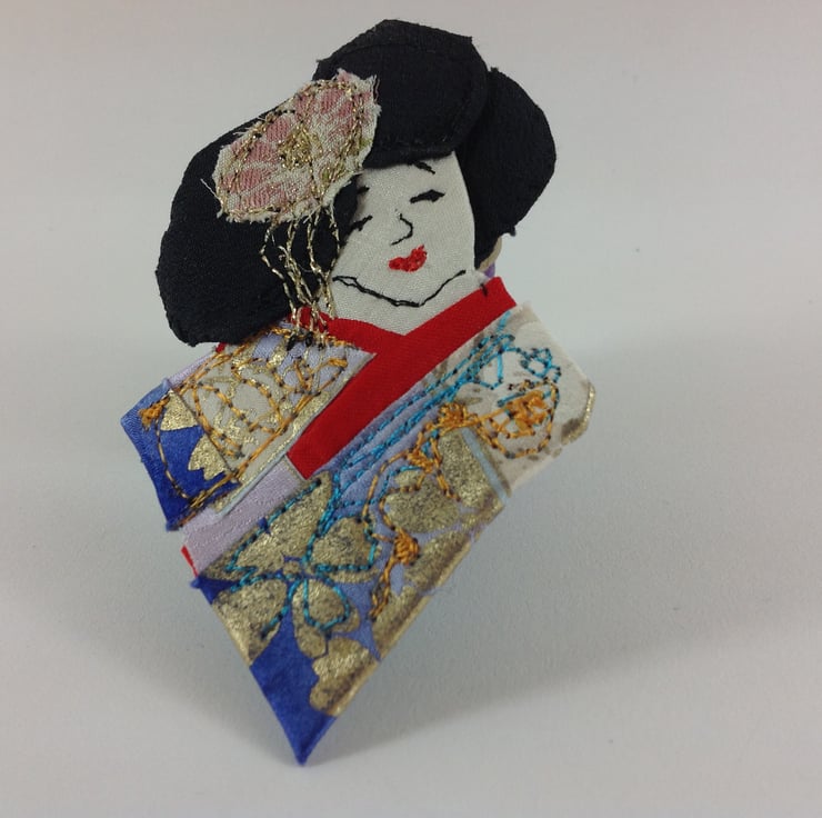 Textile Art Geisha Brooch Shoko - Folksy