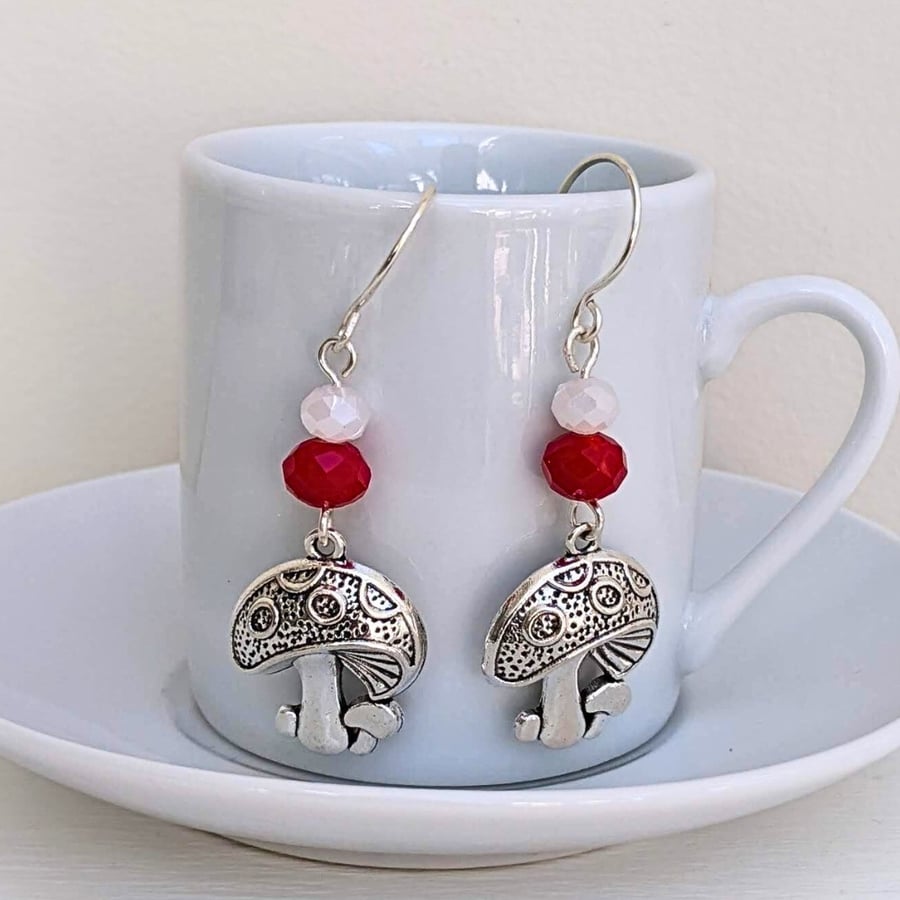 Toadstool Charm Earrings with Red and White Bea... - Folksy