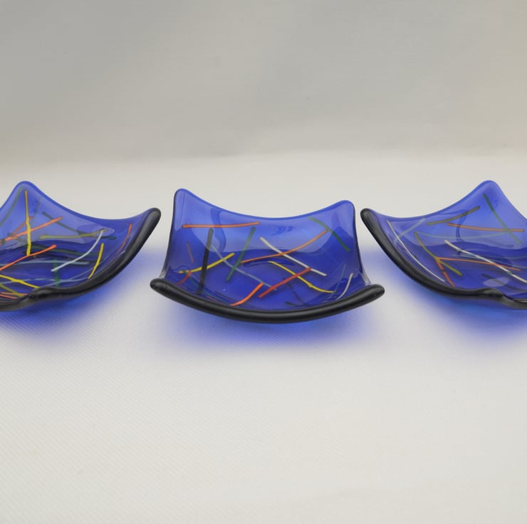 Glass square small dish, blue with colour pattern - Folksy
