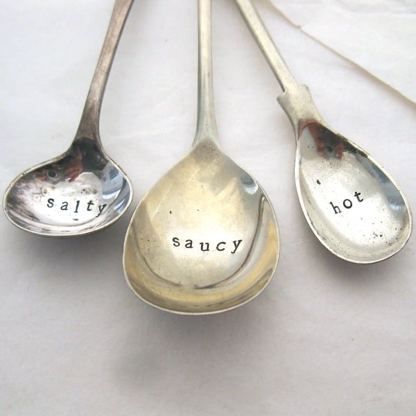 Salty, Saucy, Hot, Three Handstamped Condiment ... - Folksy