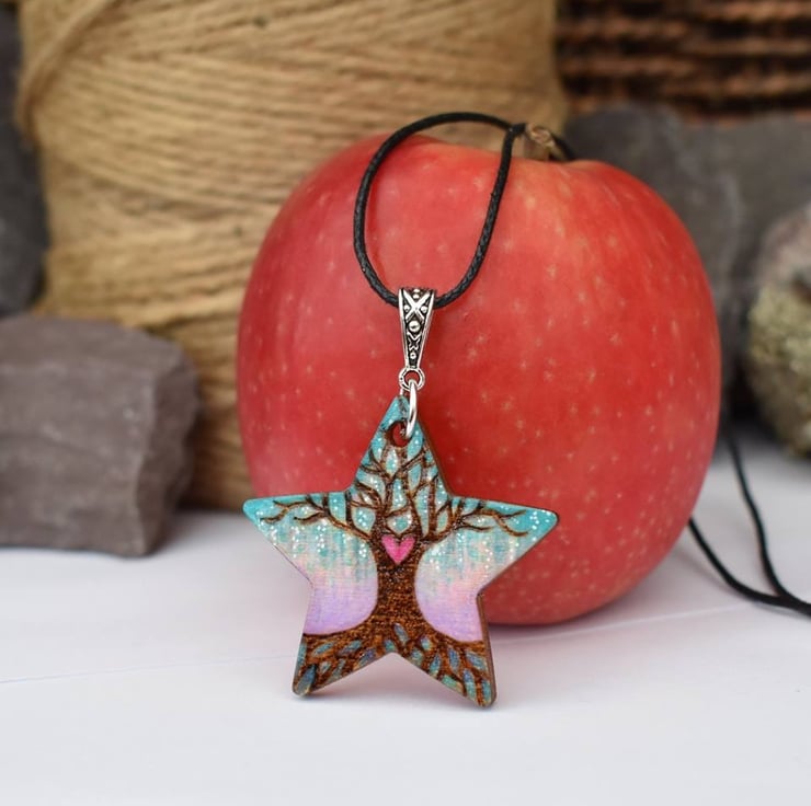 Pastel blossom tree, pyrography star pendant, t... - Folksy