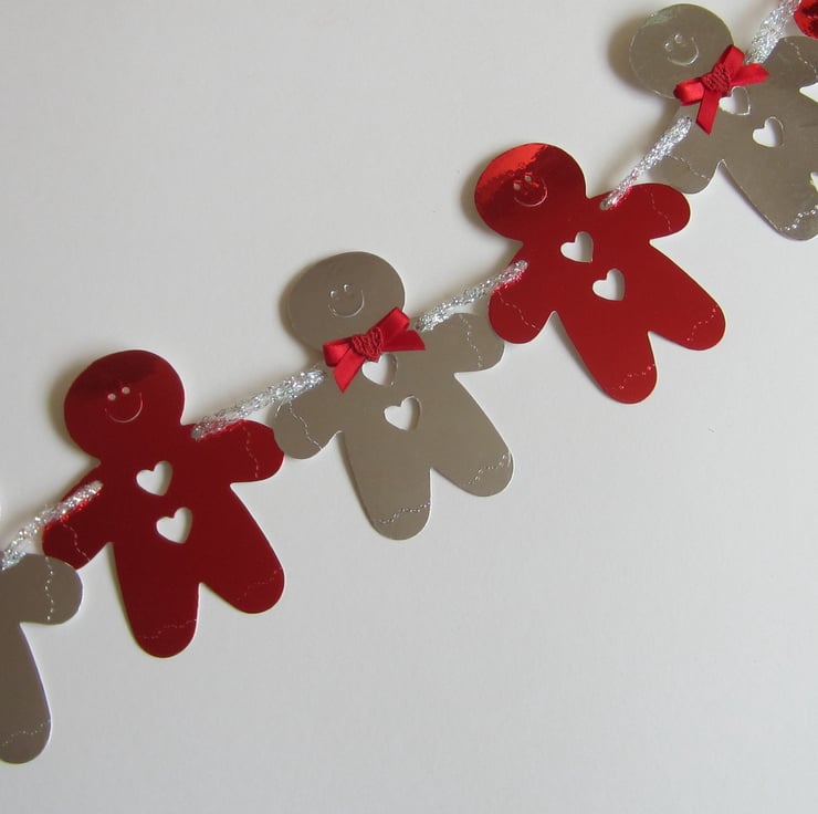 Red and Silver Christmas Gingerbread Men Bunting - Folksy
