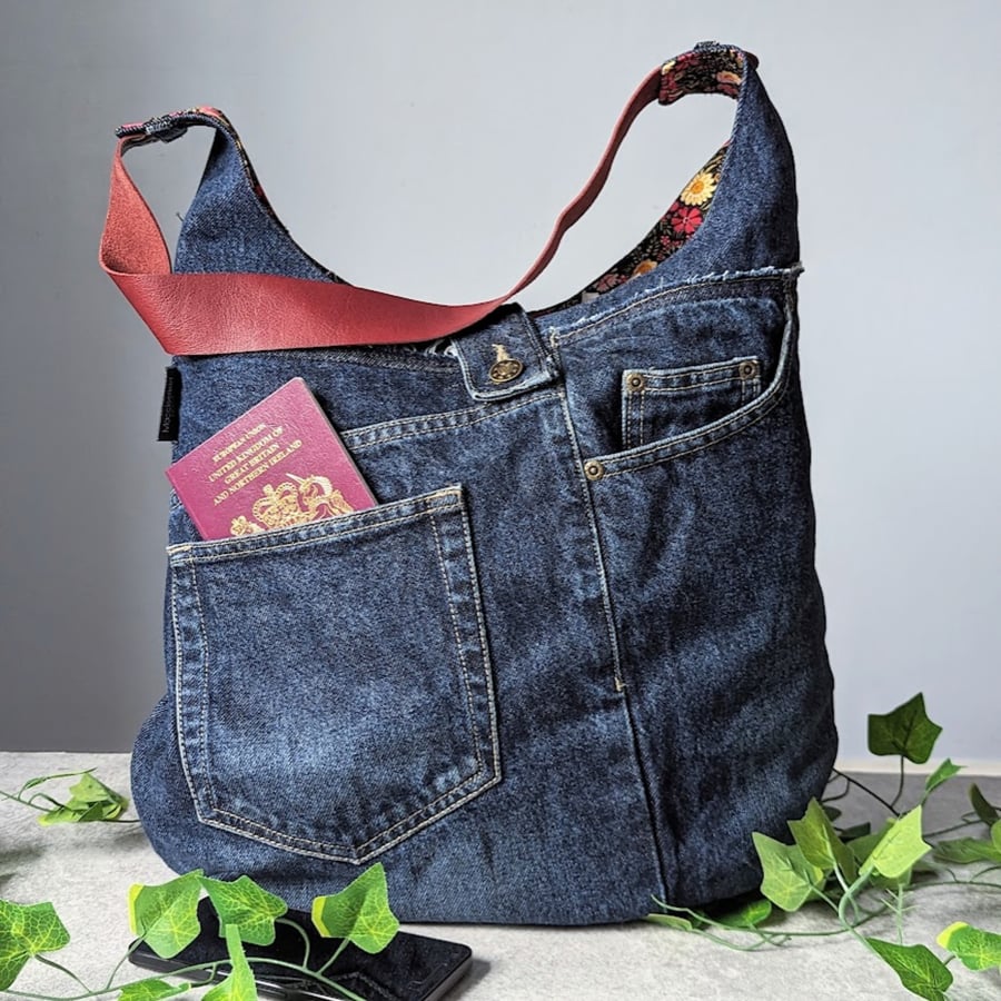 Denim Bag - Large Shoulder Tote Bag with Leathe... - Folksy