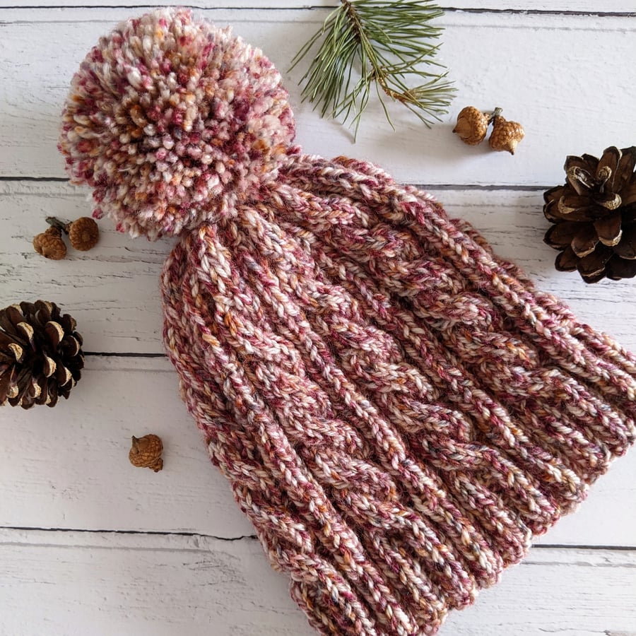 Cable knit pom pom hat. Adult size - Folksy