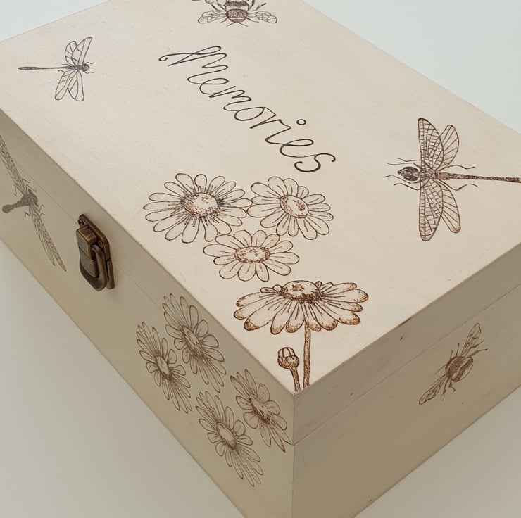 Wood burned memory keepsake box with dragonflie... - Folksy