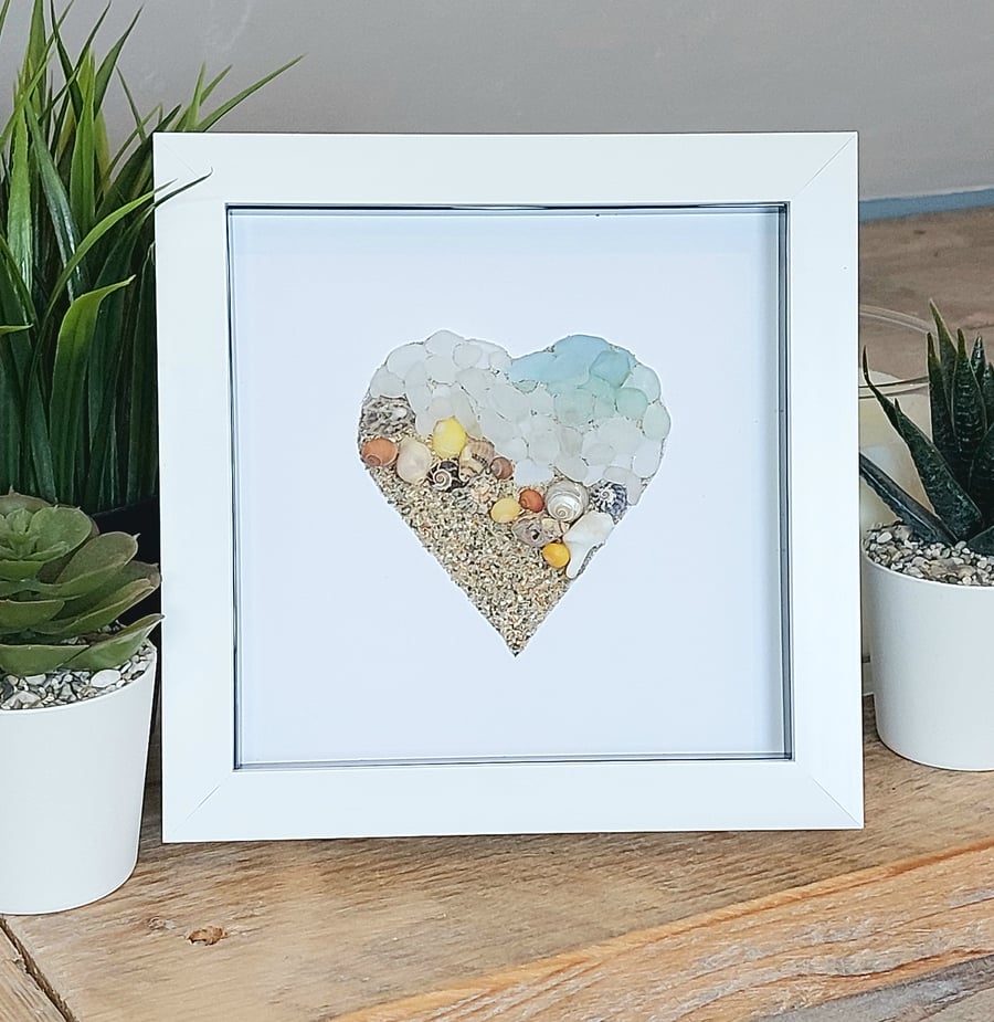 Cornish mixed media shell, seaglass and sand heart - Folksy