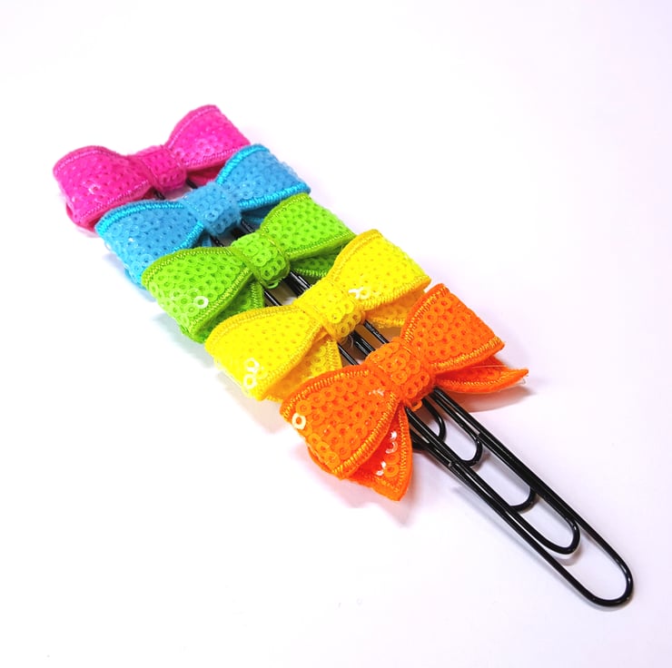 Rainbow Sequin Bow Paper Clip Set - Folksy