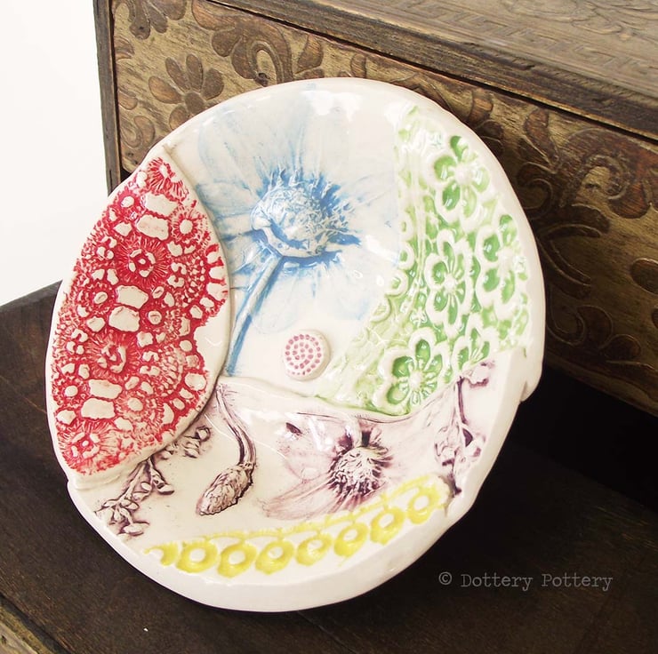 Ceramic bowl patchwork design bright flowers po... - Folksy