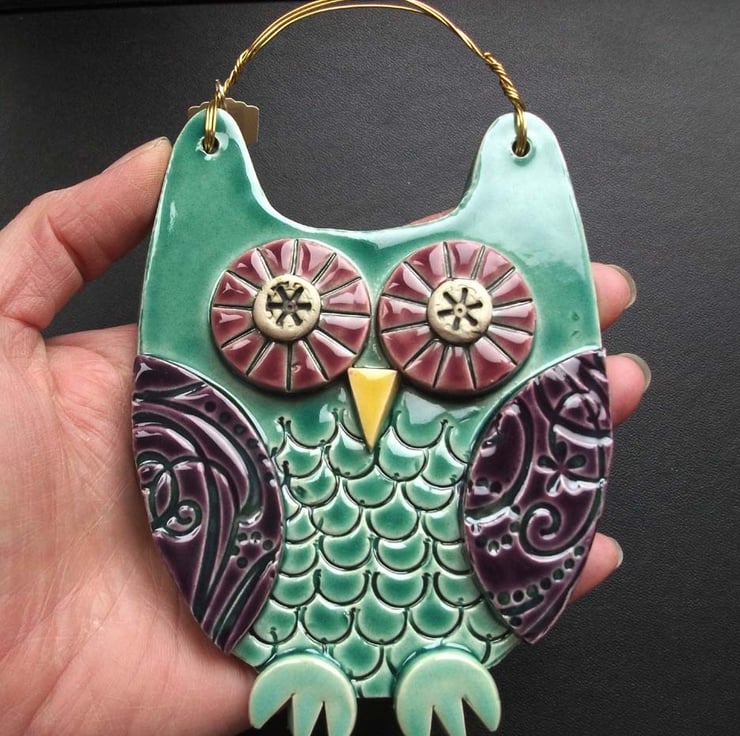 Blue Owl ceramic hanging decoration - Folksy
