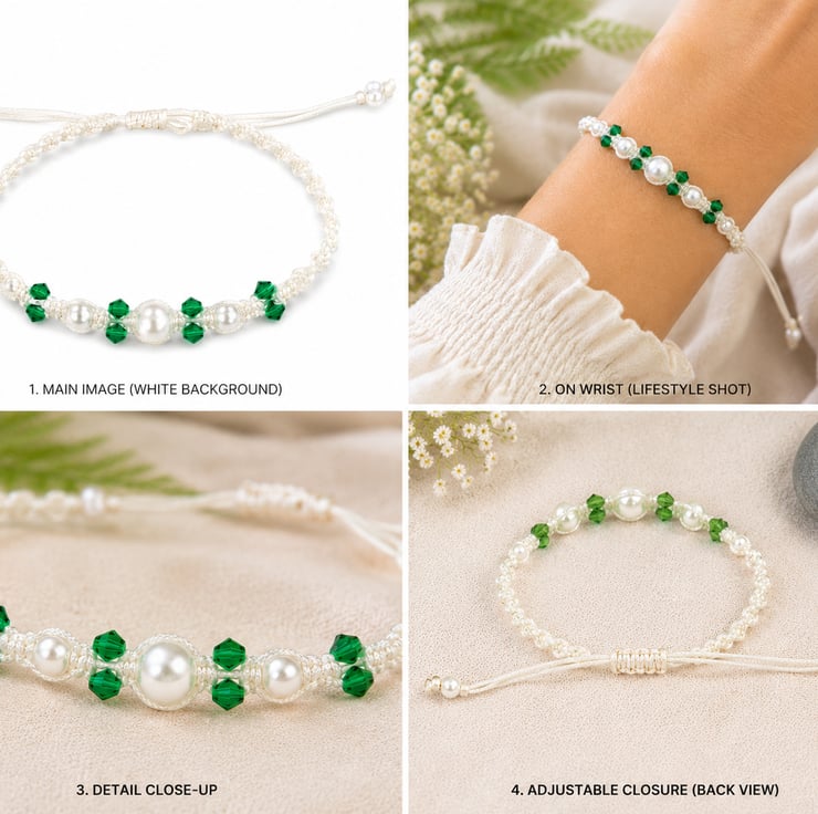 White macrame faux pearls and green glass beade... - Folksy