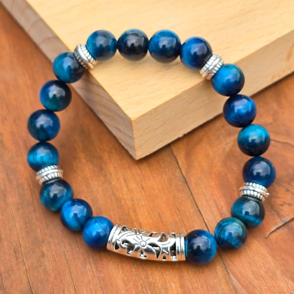 Mens blue glass beaded bracelet - Handmade elas... - Folksy