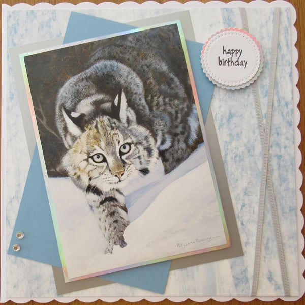 Lynx In The Snow - 8x8" Birthday Card - Folksy