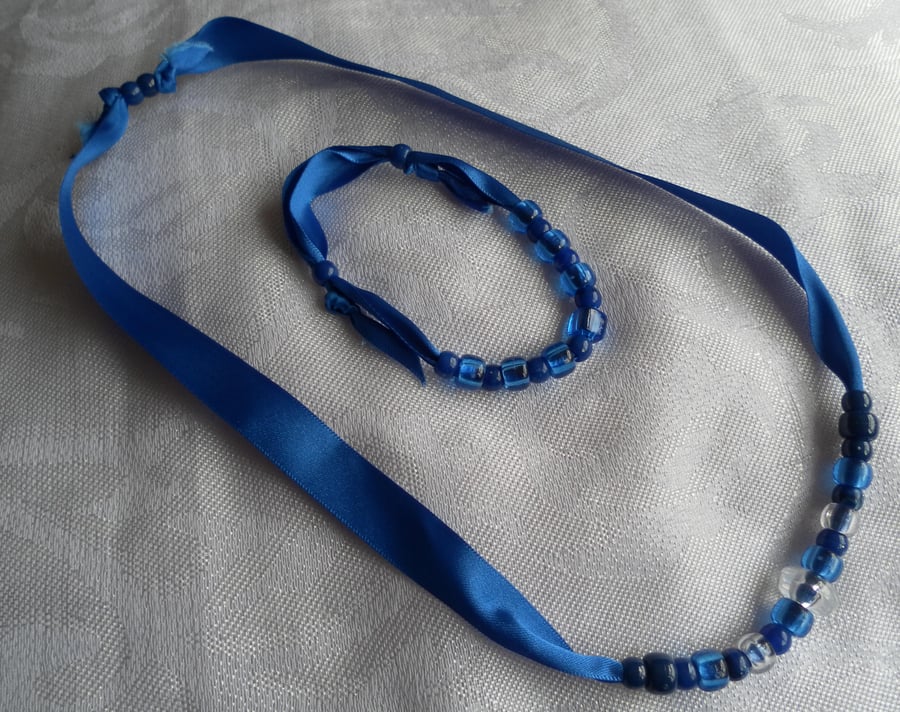 Blue Beads on Ribbon, Necklace and Bracelet Set - Folksy