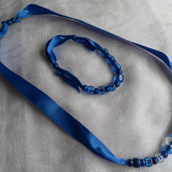 Blue Beads on Ribbon, Necklace and Bracelet Set - Folksy