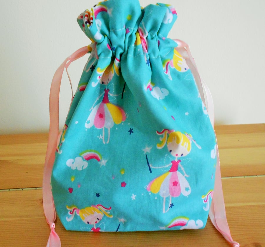 Draw String Bag - Cute Fairies Cotton Fabric - Folksy