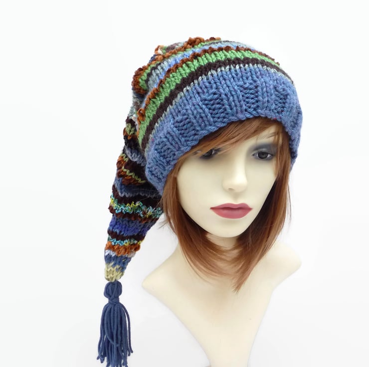 Pixie Adult hat in Blue Green Brown - Folksy