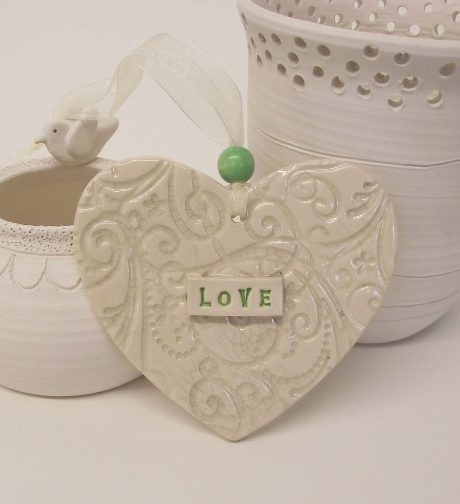 Ceramic LOVE heart decoration - Folksy