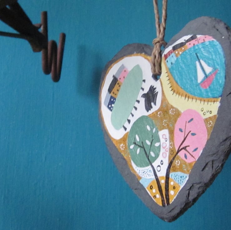 Slate Hanging Heart..Original painting of a lan... - Folksy