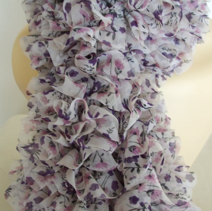 Knitted Frilly Ribbon Scarf in Cream with Purpl... - Folksy