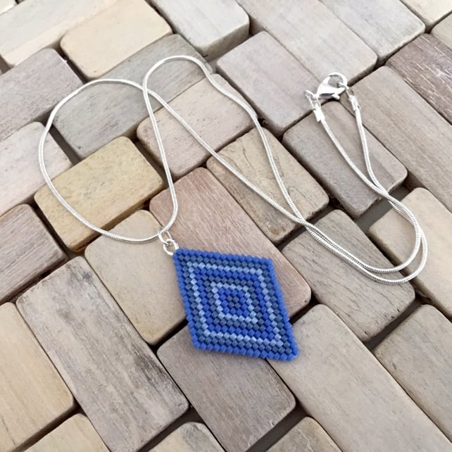 Shades of Blue Beaded Diamond Shaped Pendant - Folksy