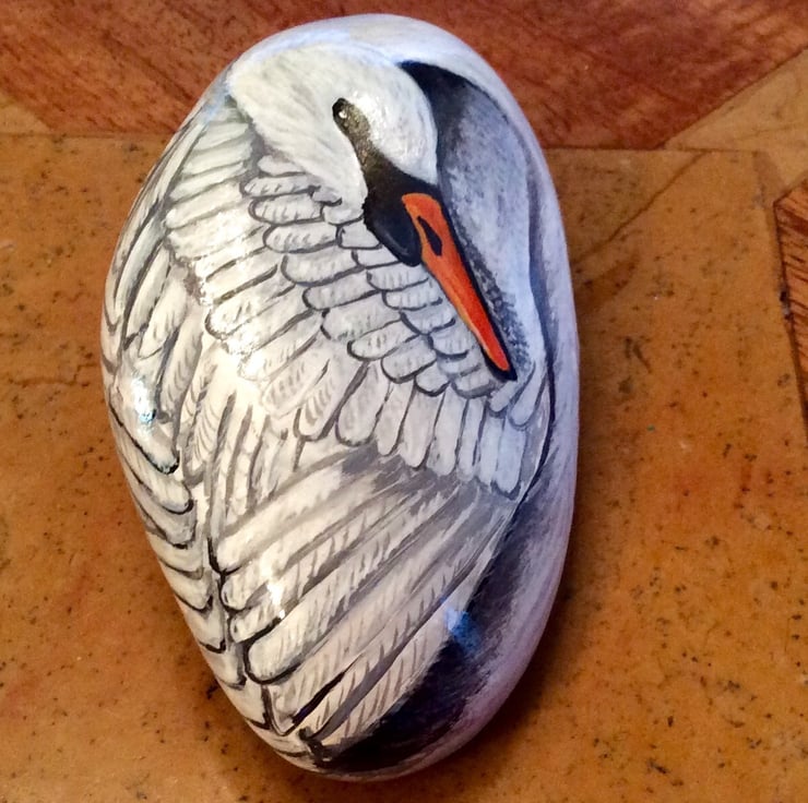 Swan hand painted on rock stone cobble - Folksy