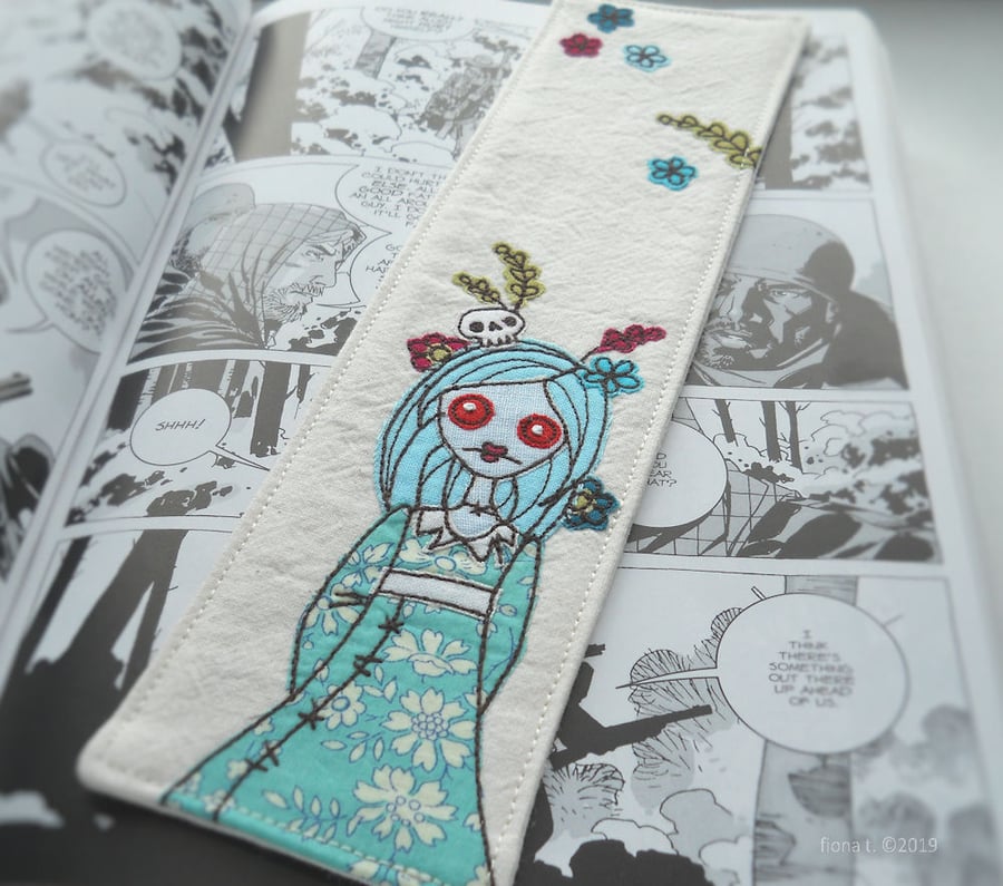 free motion embroidered zombie fabric bookmark ... - Folksy