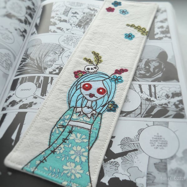 free motion embroidered zombie fabric bookmark ... - Folksy