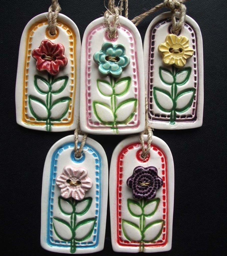Set of five flower button tag ceramic decorations - Folksy