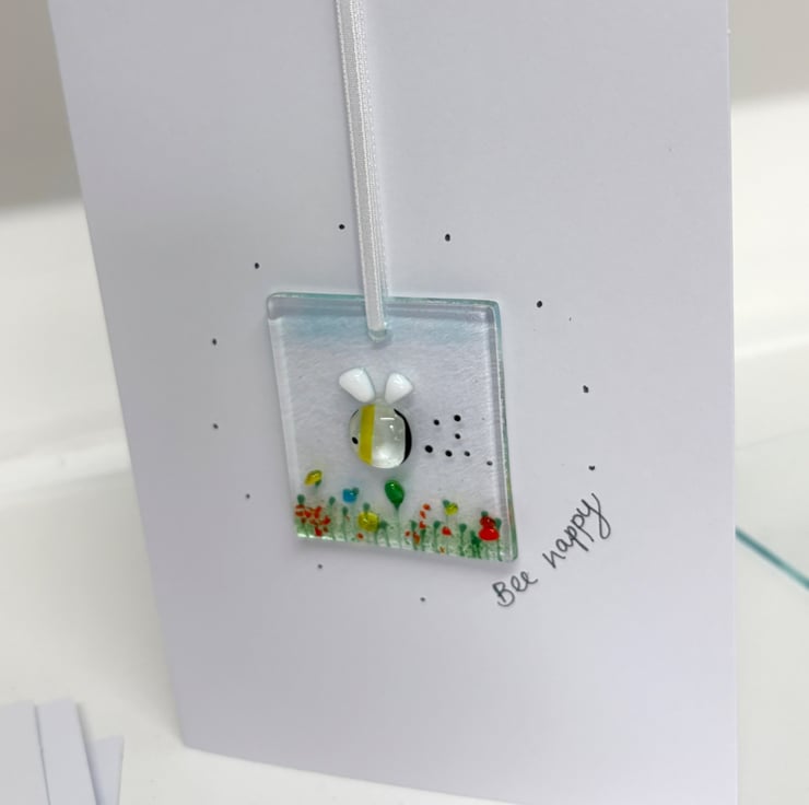 Fused glass keepsake bee happy card - Folksy