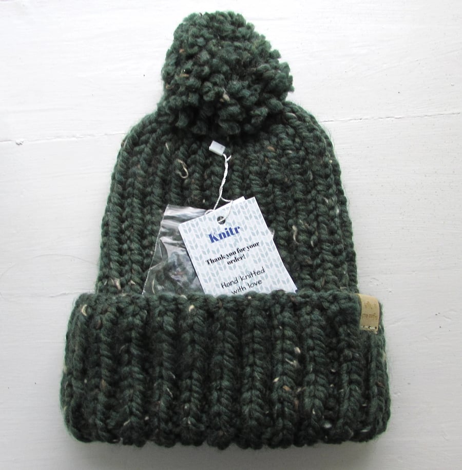 Classic Super chunky ribbed hat in green L size - Folksy