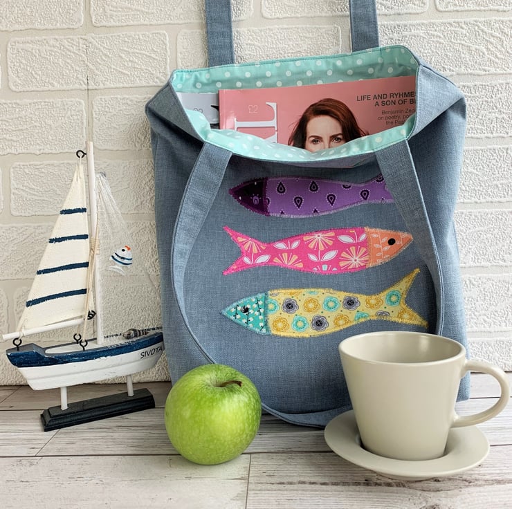 Fish tote bag with four bright colourful fish - Folksy