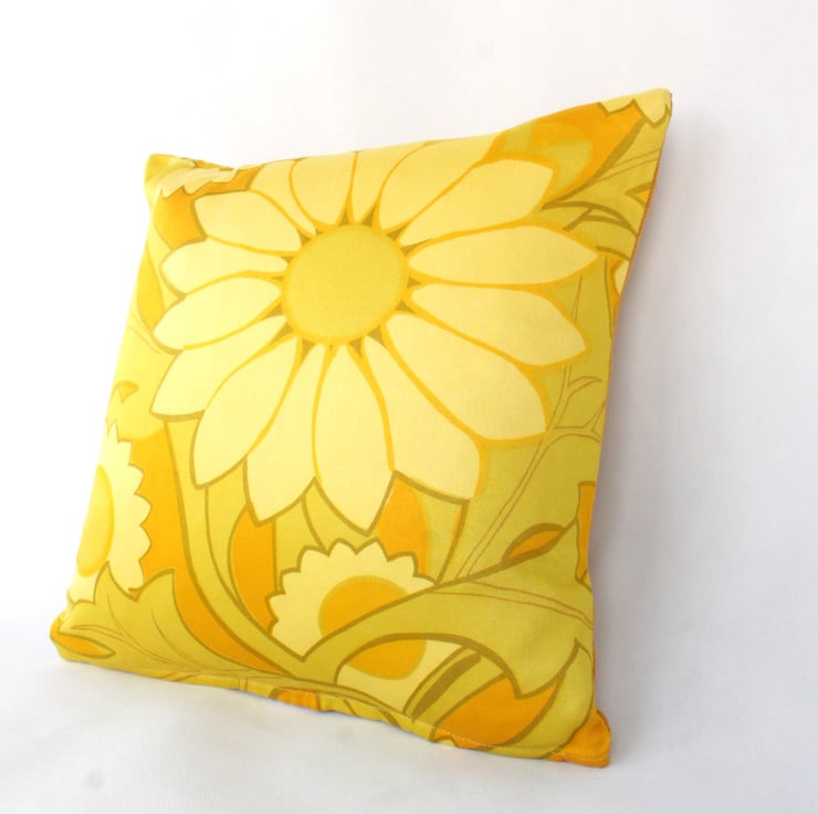 Vintage Yellow Sunflower & Daisy Cushion - Folksy