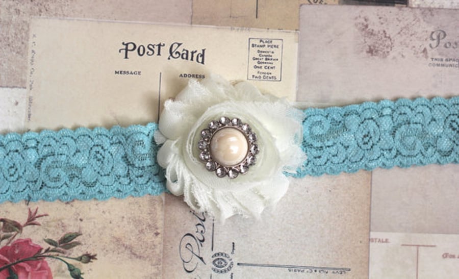 TAMSIN: Aqua Blue Wedding Garter. Dusty Aqua La... - Folksy