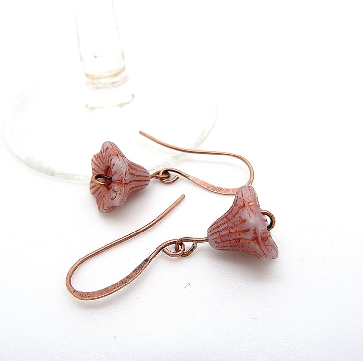 Bell Flower Copper Inlay Earrings (Blush Pink) - Folksy