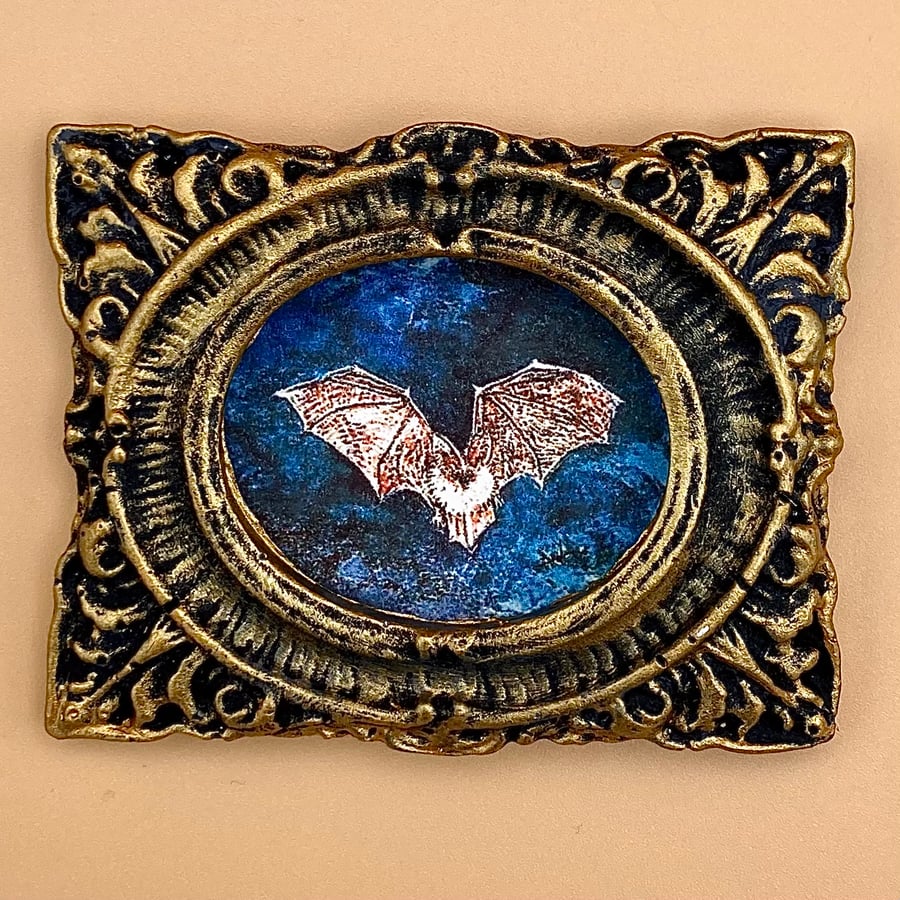Bat flying at night, tiny Miniature framed PRIN... - Folksy