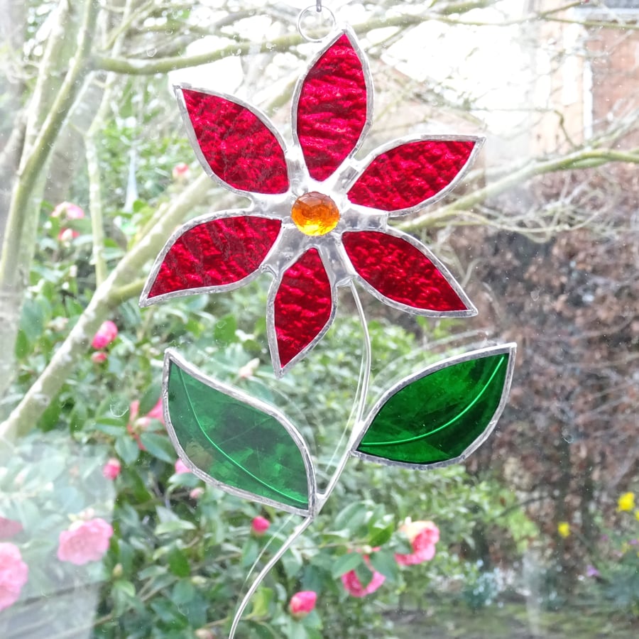 Stained Glass Flower Suncatcher - Red - Folksy