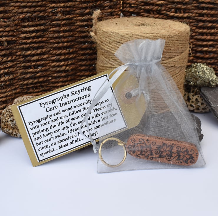 Floral pyrography keyring on mahogany. Ideal wo... - Folksy