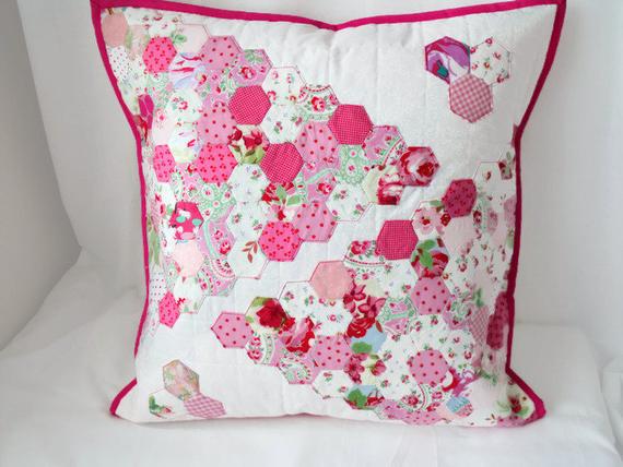 large pink patchwork hexagon cushion cover, fem... - Folksy
