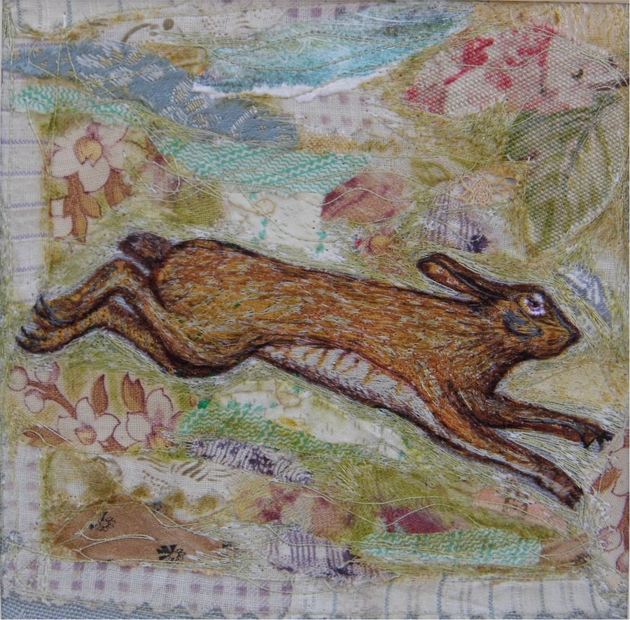 Running Hare - Original Embroidery Collage - Folksy