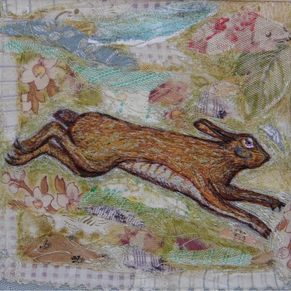 Running Hare - Original Embroidery Collage - Folksy