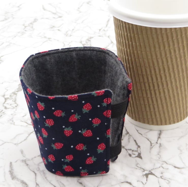 Fabric Cup Cosy in strawberry print, fully reve... - Folksy