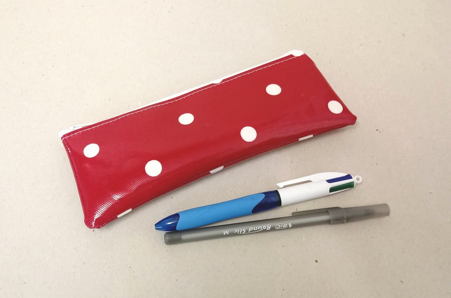 Pencil case in red oilcloth with white spots, s... - Folksy