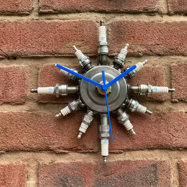 Sunburst Wall Clock, Repurposed Spark Plugs - Folksy