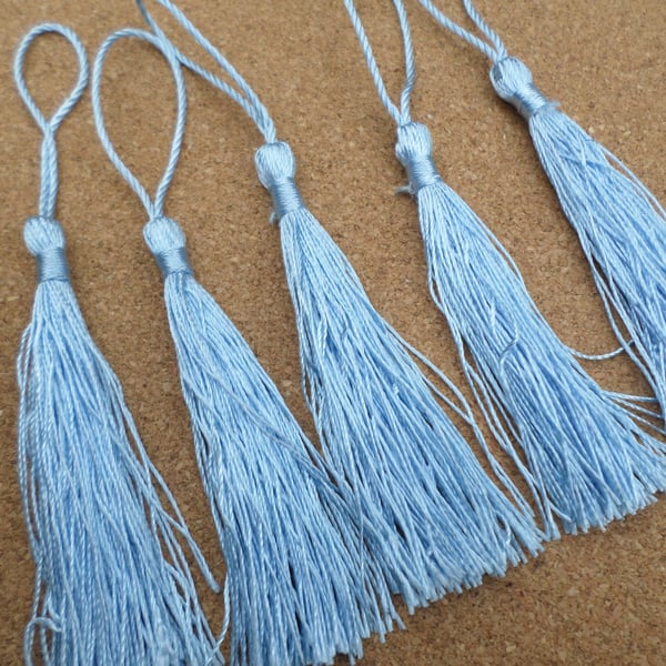 5 x Silky Tassels - 13.5cm - Pale Blue - Folksy