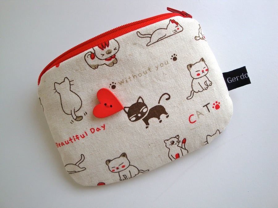 Handmade Cotton linen zipper Coin Purse - cats - Folksy