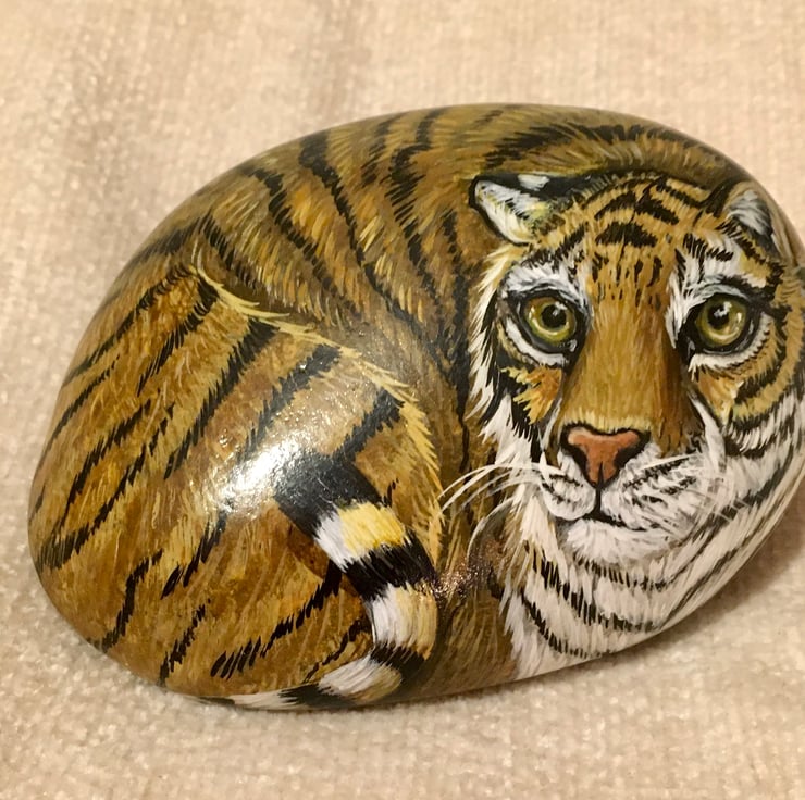 Tiger hand painted pebble garden rock art pet s... - Folksy